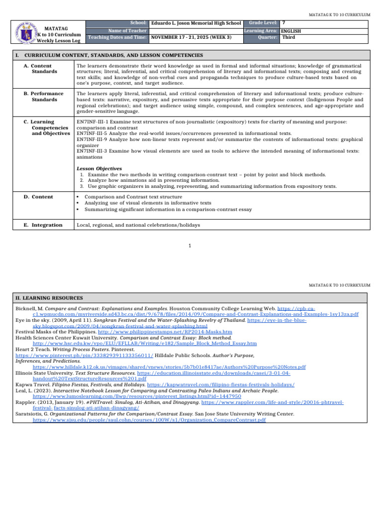 K-10 English Lesson Plan: Compare & Contrast | PDF | Human Communication