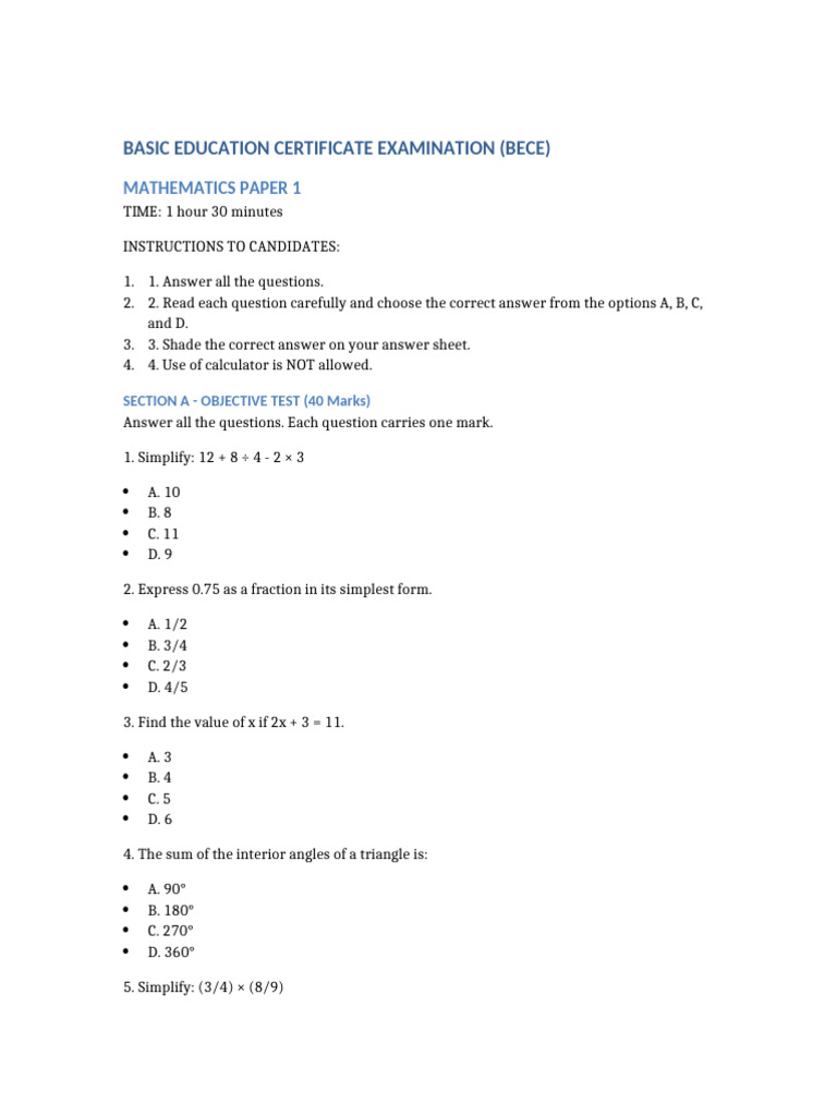 BECE Mathematics Exam Papers Overview | PDF