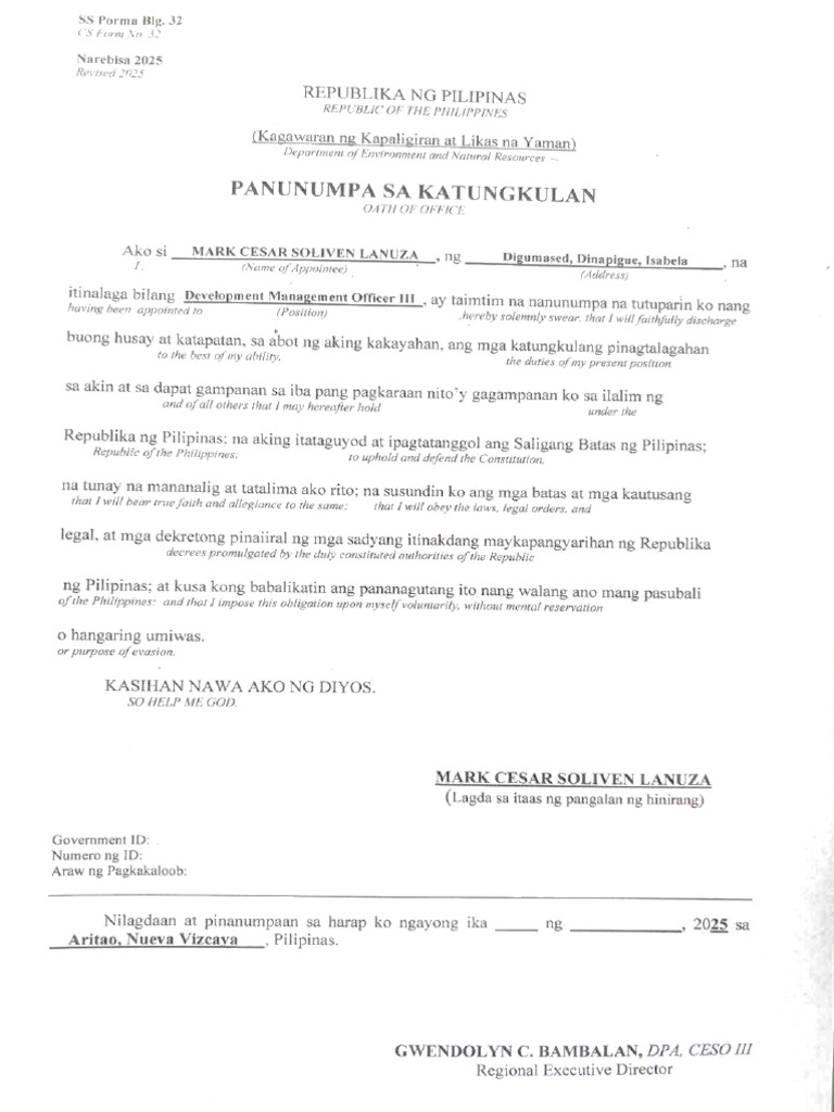 Oath of Office Mark Cesar S. Lanuza | PDF