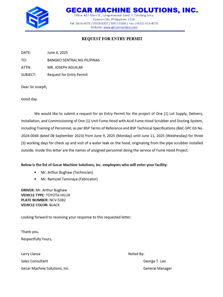 Request Letter For Entry Permit | PDF