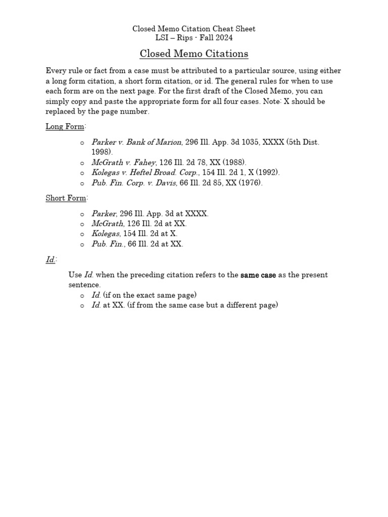 Citations Cheat Sheet Memo | PDF | Common Law | Justice