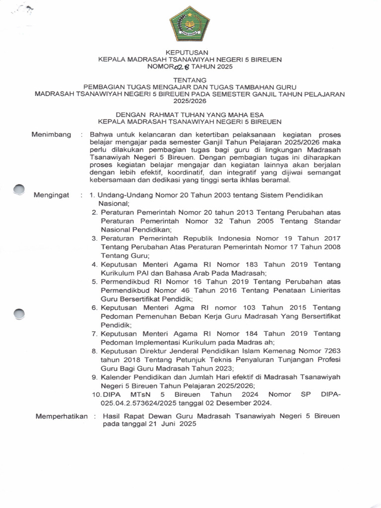 SK Pembagian Tugas Ganjil 2025-2026 | PDF