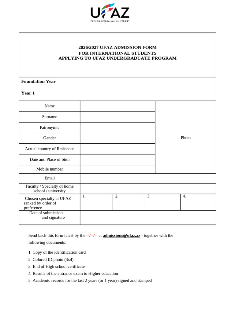 UFAZ International Admission Form 2026/2027 | PDF