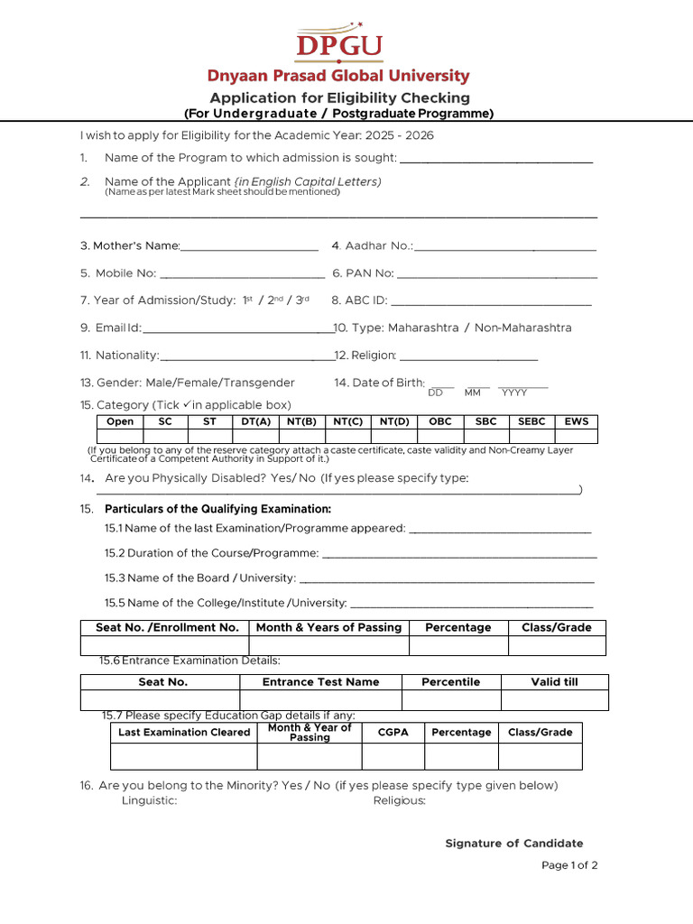Application For Eligibility - UG-PG - 2025-26 - New | PDF