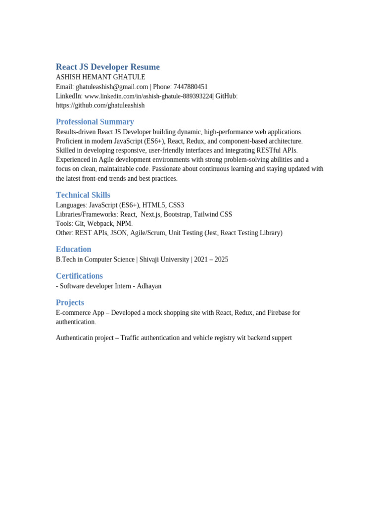 React JS Developer Resume Template | PDF