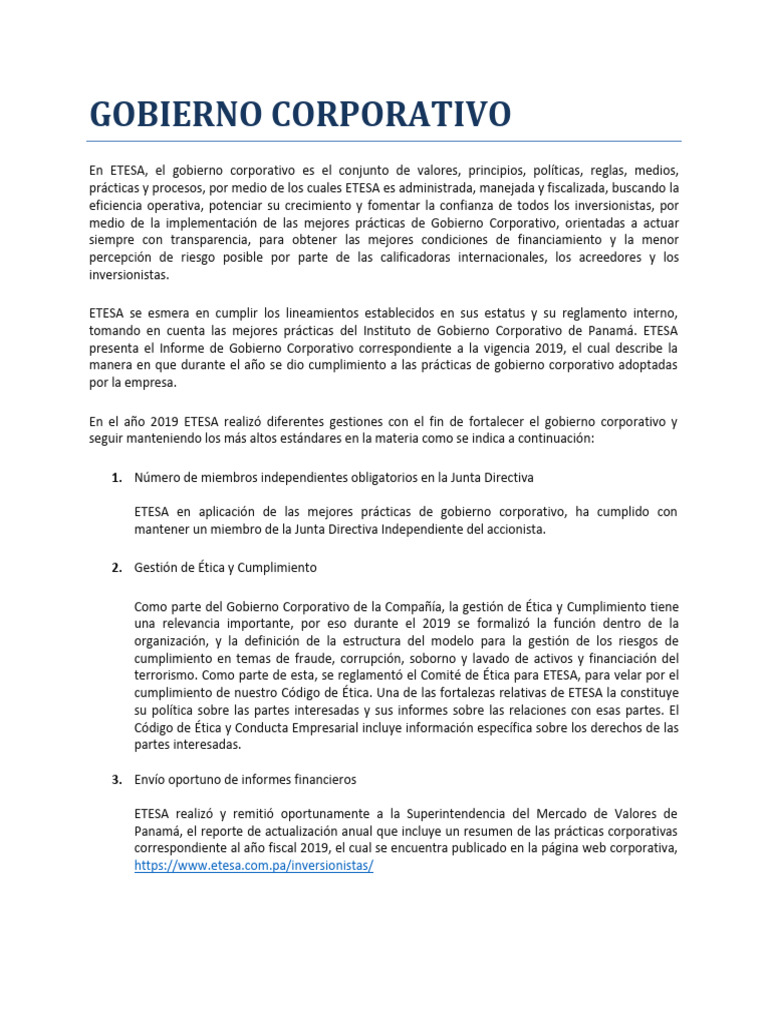 Informe Gobierno Corporativo ETESA 2019-604492288 | PDF | Compartir ...