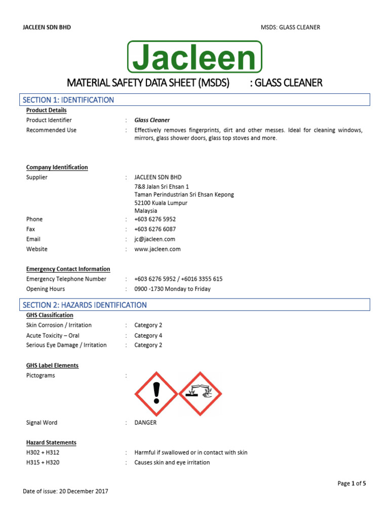 Glass Cleaner MSDS by JACLEEN SDN BHD | PDF | Occupational Safety And ...