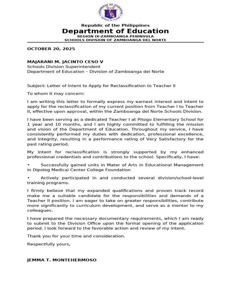 Intent Letter For Re Class | PDF