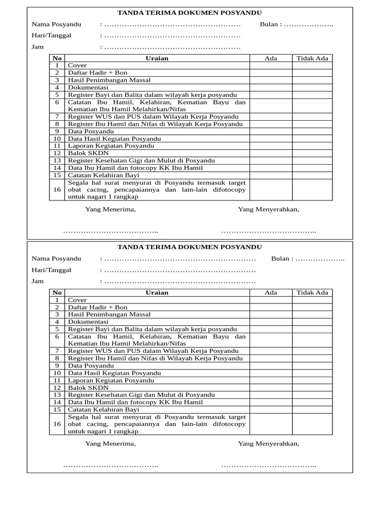 Form Tanda Terima Dokumen Posyandu | PDF
