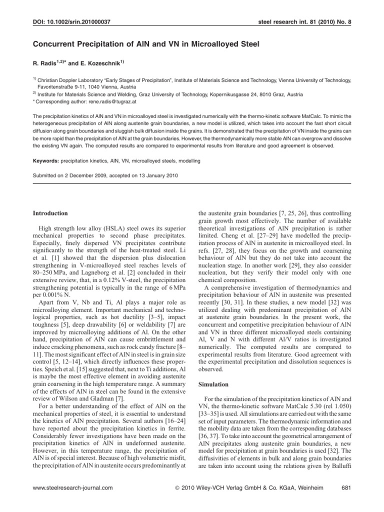 AlN-VN-Concurrent Precipitation of AlN and VN in Microalloyed Steel ...