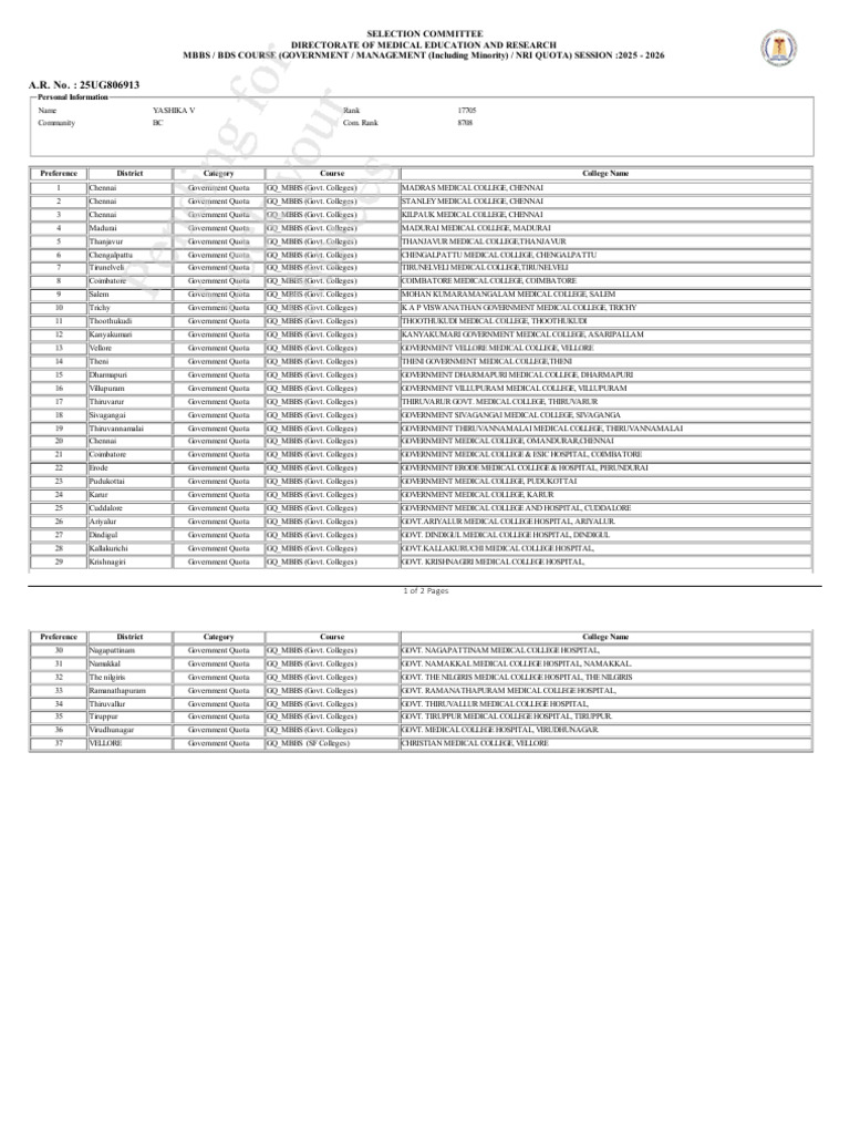 25ug806913 Choice List | PDF | Medical Education | Tamil Nadu