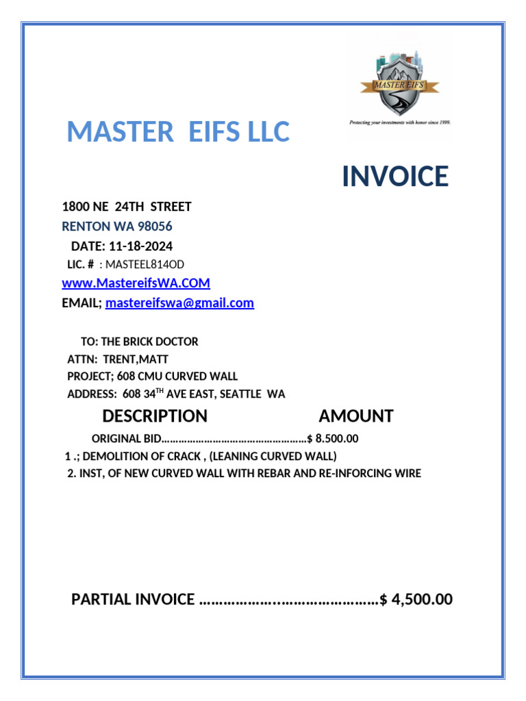 Master Eifs Invoice (Brick Doctor) 608 Curved Wall | PDF