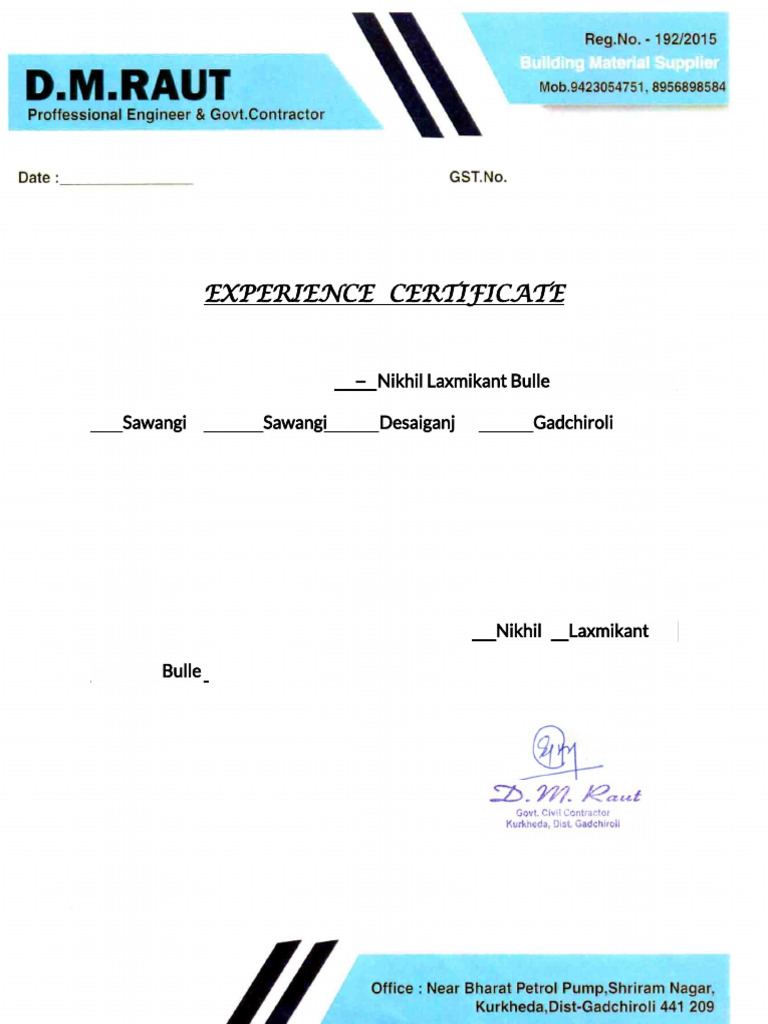Experience Certificate for Jr. Engineer | PDF