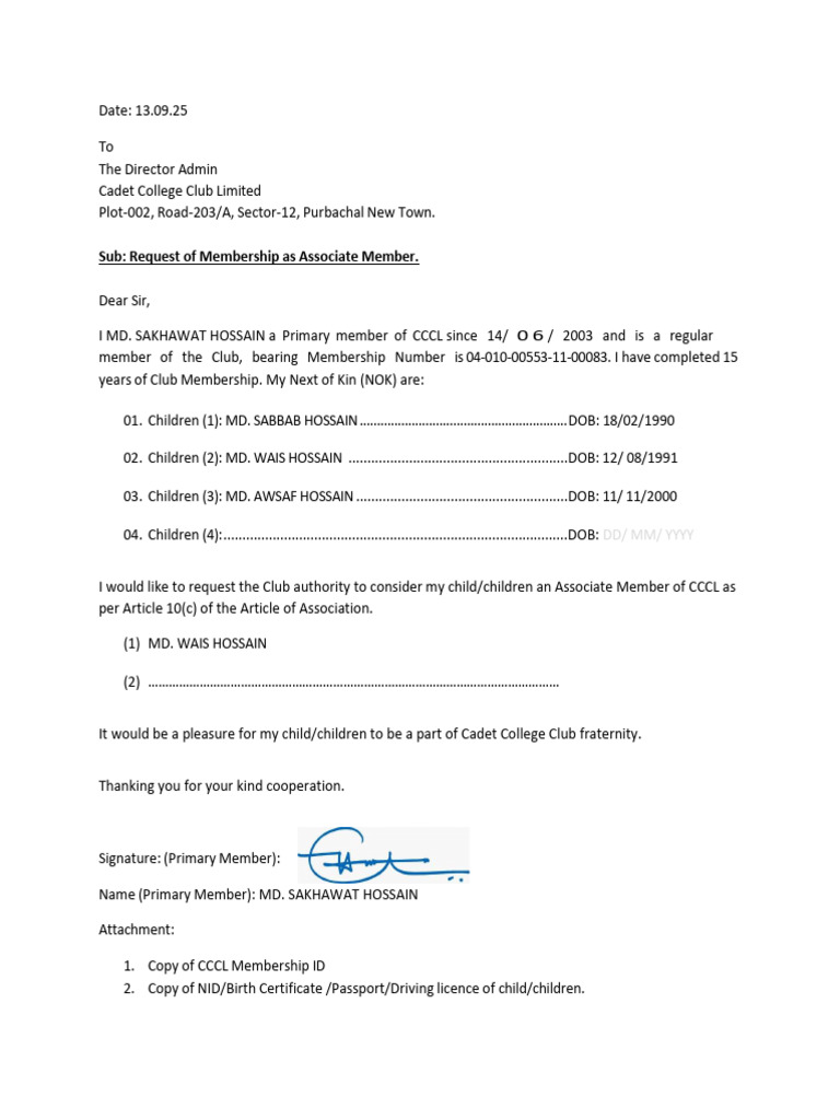 Application For Associate Membership (Age 30 and Above) - Filled Up | PDF