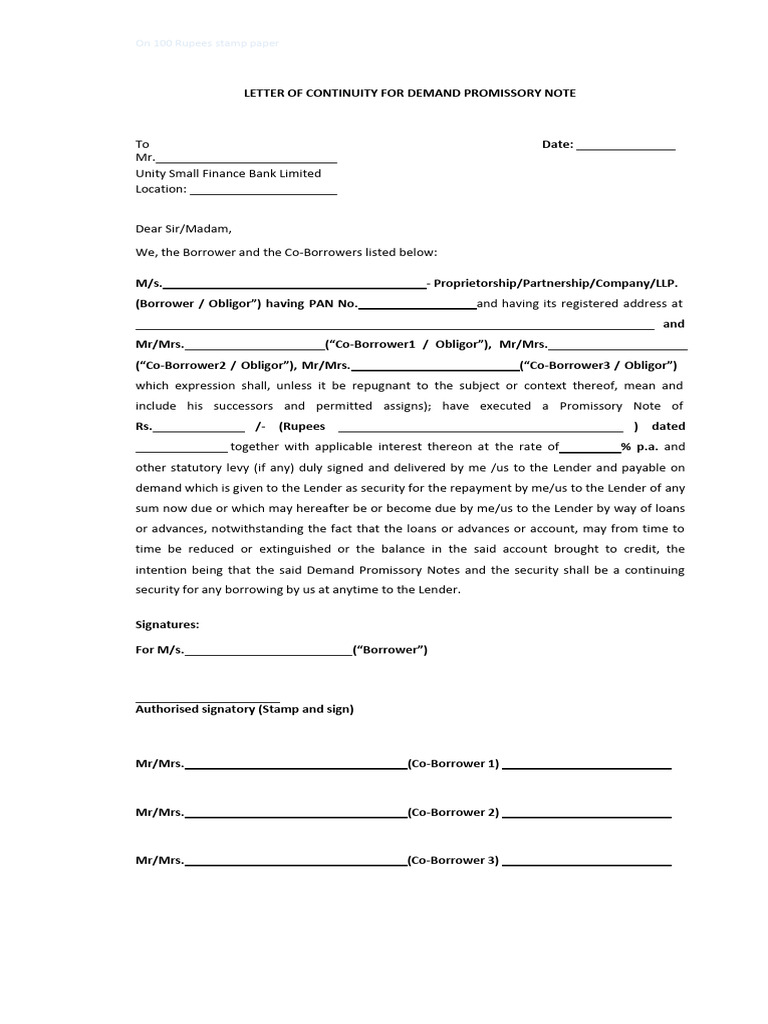 Demand Promissory Note Continuity Letter | PDF