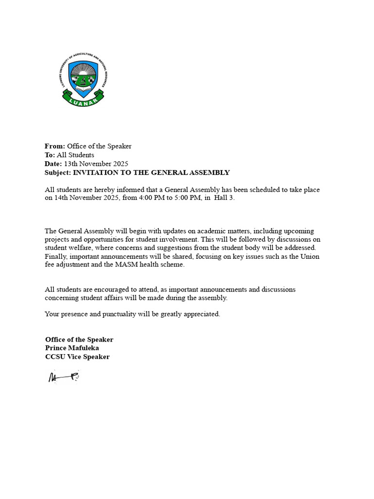 General Assembly Invitation for Students | PDF