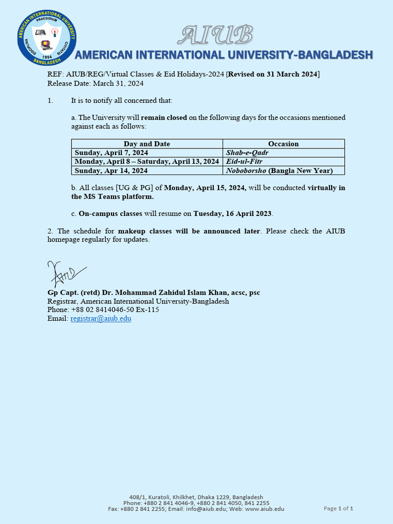 Revised2 Holiaday Memo Eid Ul Fitre 24 31 | PDF