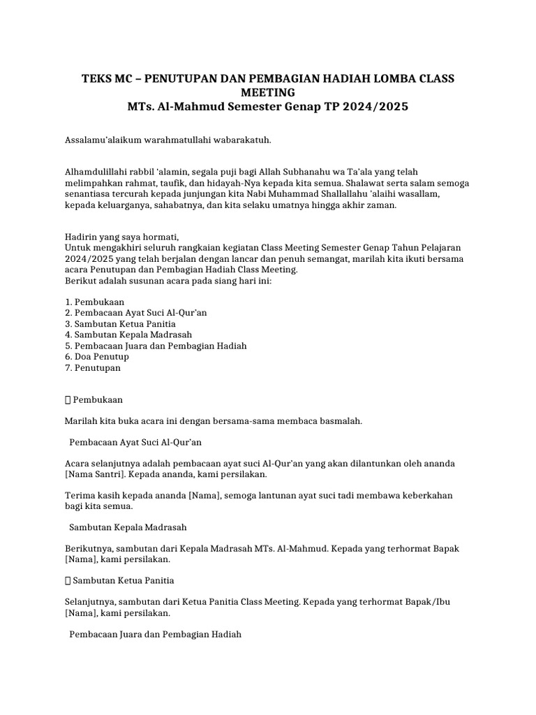 Teks MC Penutupan ClassMeeting MTs AlMahmud | PDF