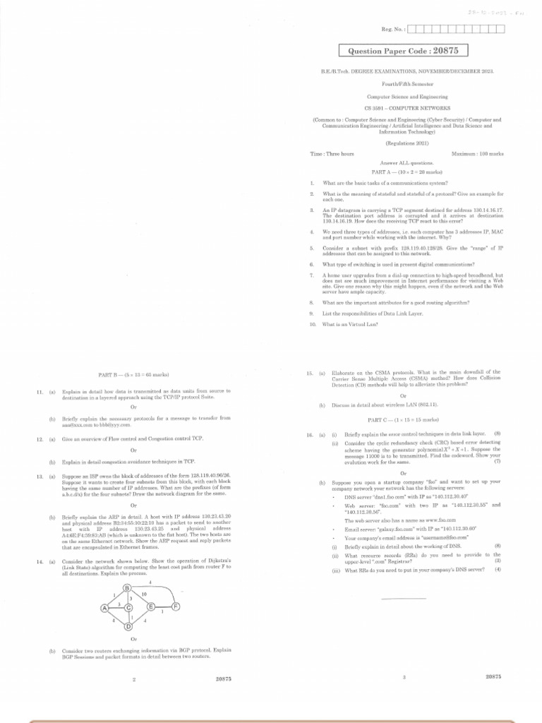 Computer Networks - CS3591 2021 Regulation - Question Paper 2023 Nov ...