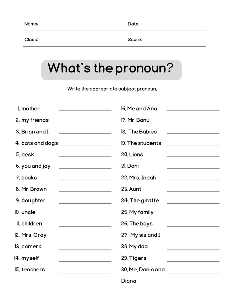 Subject Pronouns Worksheets in Black and White Greyscale Style | PDF ...