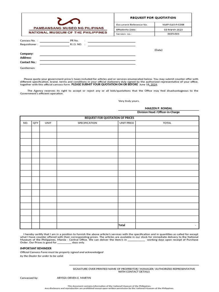 National Museum of the Philippines Quotation Request | PDF | Business