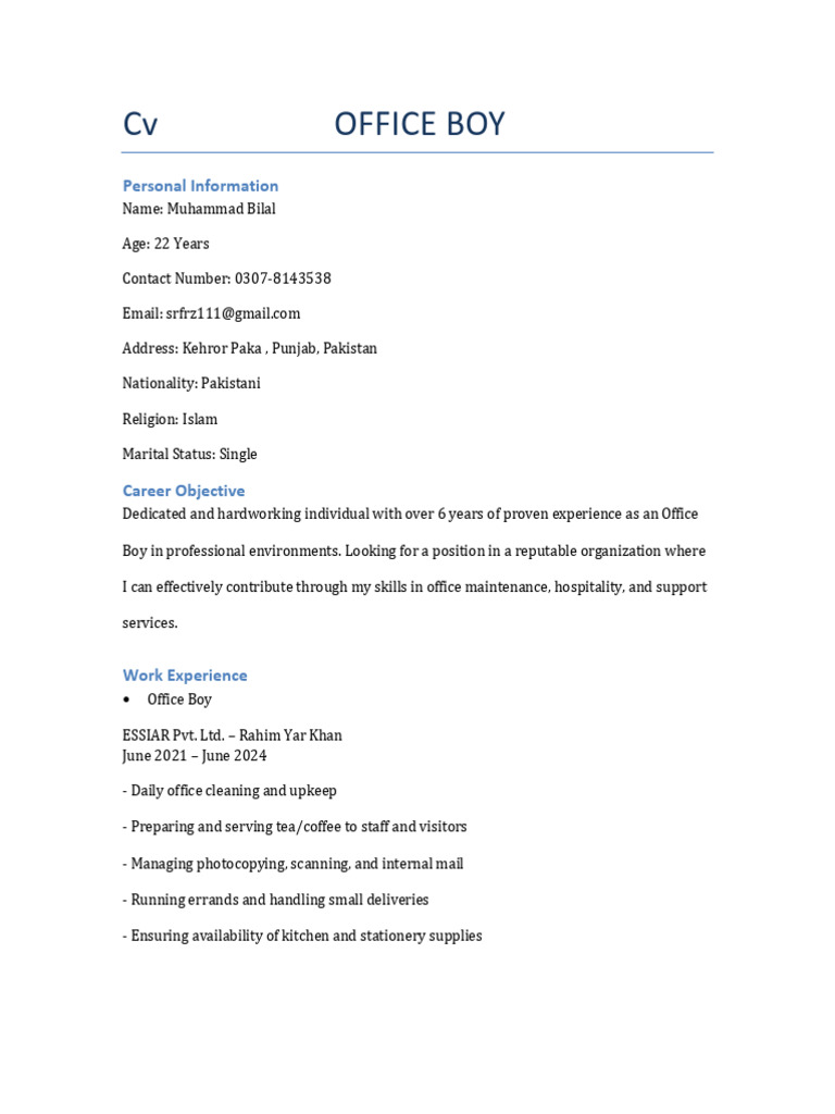 Muhammad Bilal CV Office Boy | PDF