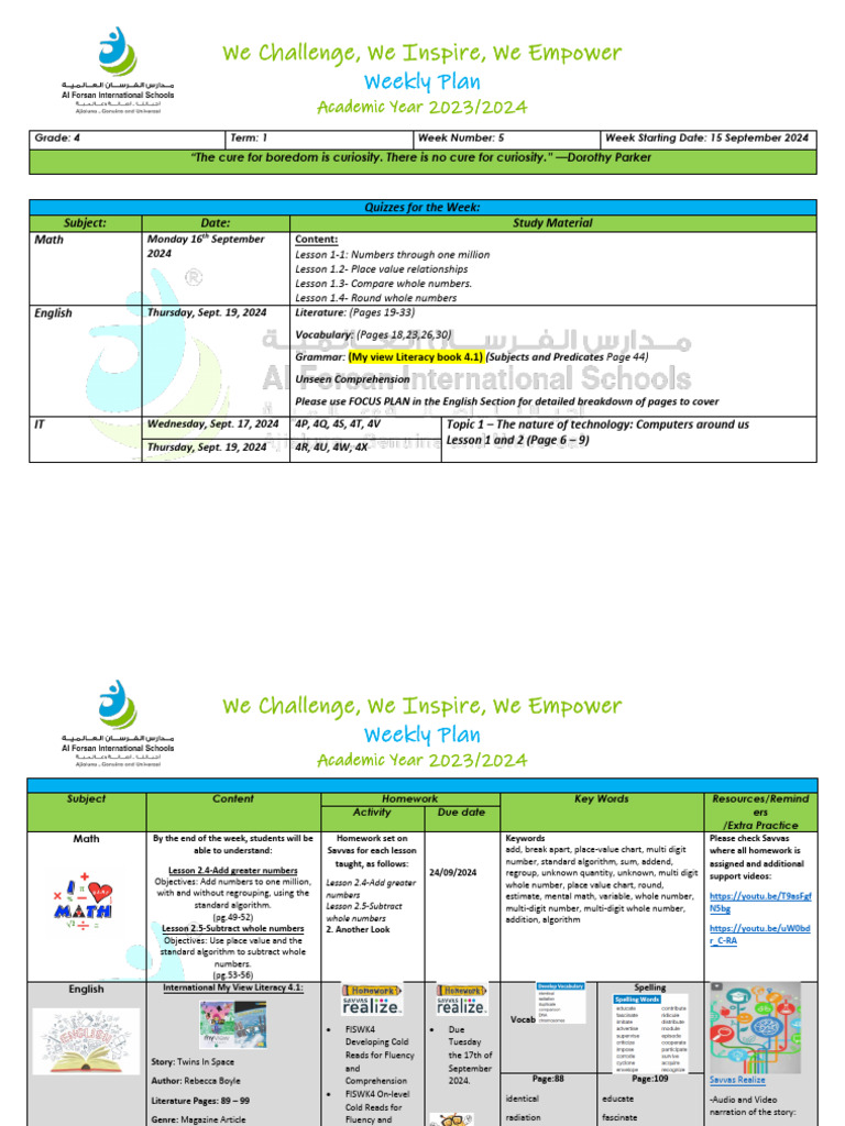 Grade 4 Weekly Academic Plan | PDF | Vocabulary | Reading Comprehension