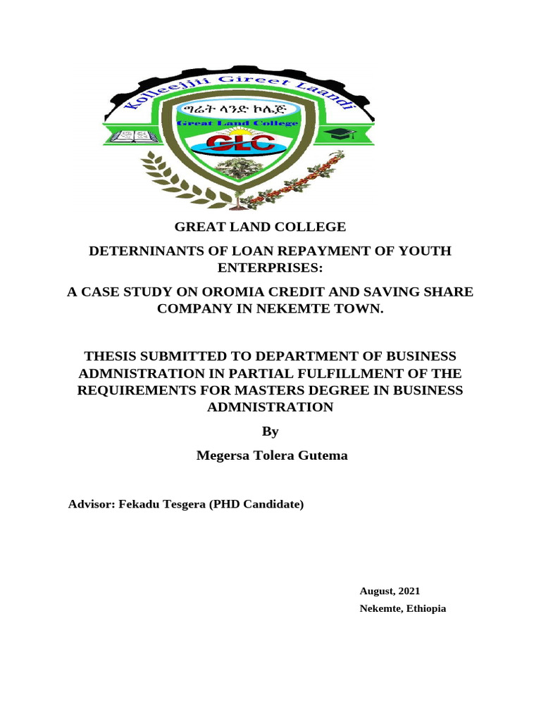 Megersa Tolera Gutema Thesis | PDF | Microfinance | Debt