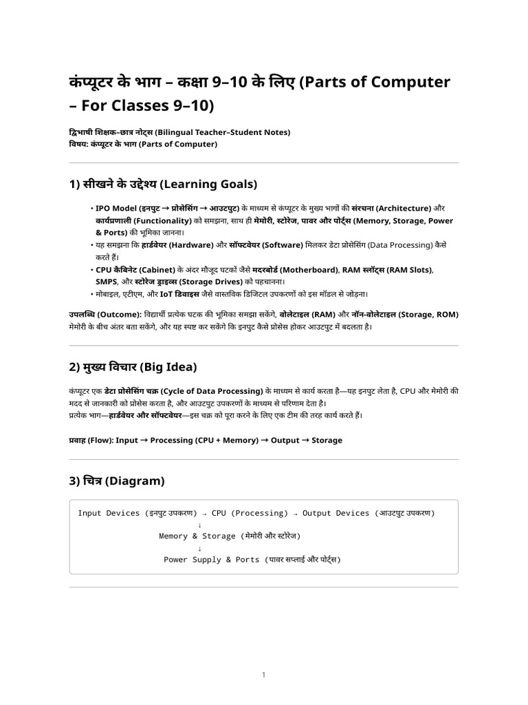 Parts of Computer - Bilingual Notes (Grades 9-10) Hindi | PDF