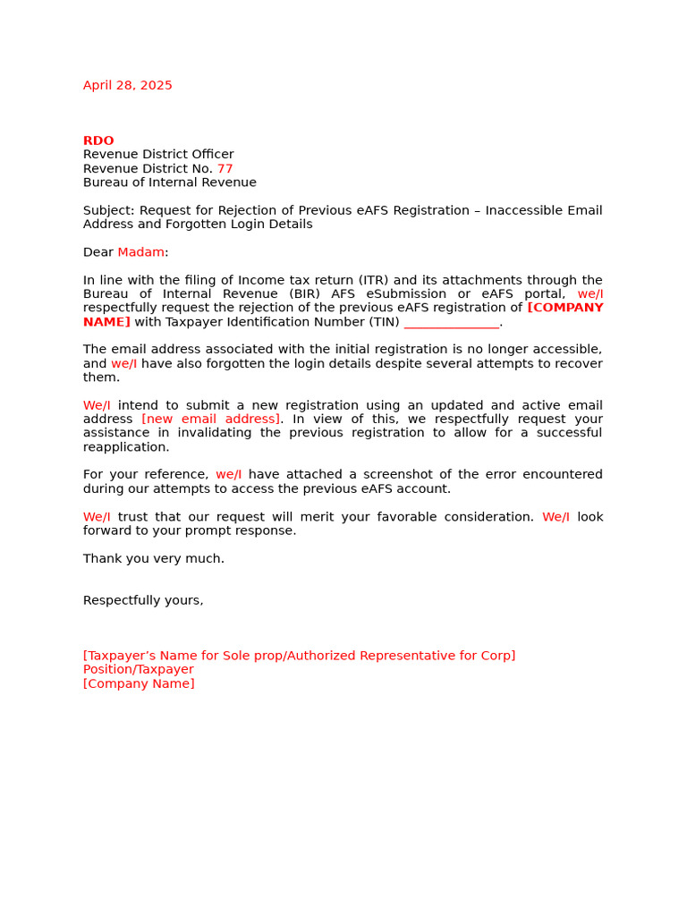 Template - Letter To Bir - Eafs Account Concerns | PDF
