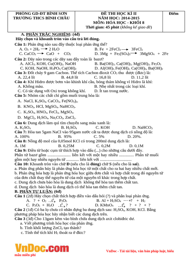 De Thi Hki2 Mon Hoa Hoc Lop 8 Truong Thcs Binh Chau | PDF