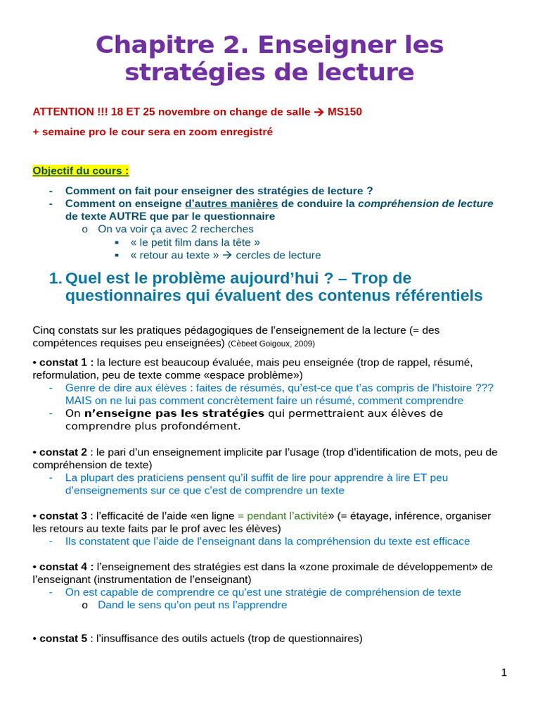 Cours 4 - Enseigner Les Stratégies de Lecture | PDF | Concept de ...