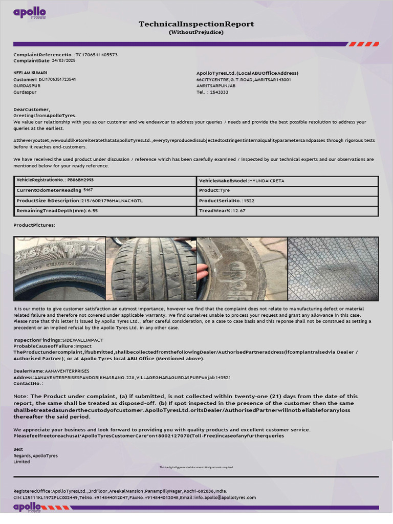 Apollo Tyres Technical Inspection Report | PDF
