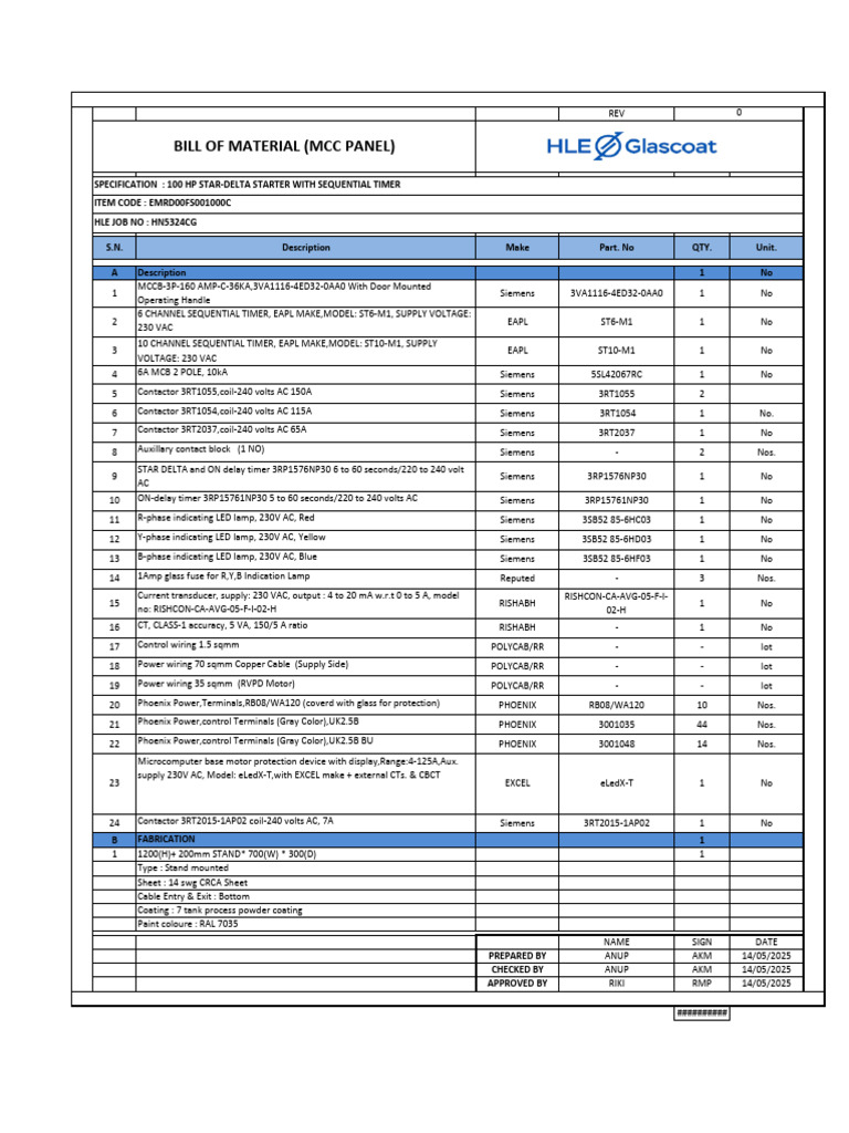 MCC Panel Bom Hn5324cg 100hp r0 | PDF | Mains Electricity ...