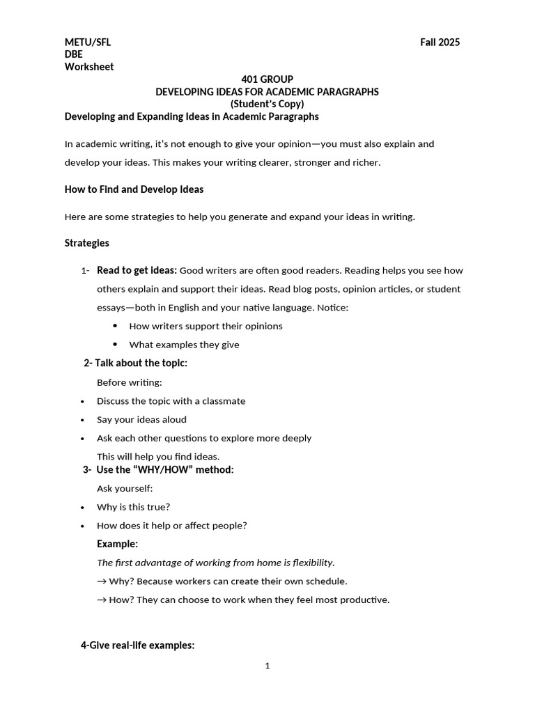 Worksheet-How to Develop Ideas for Writing SS 16.09.2025 | PDF ...