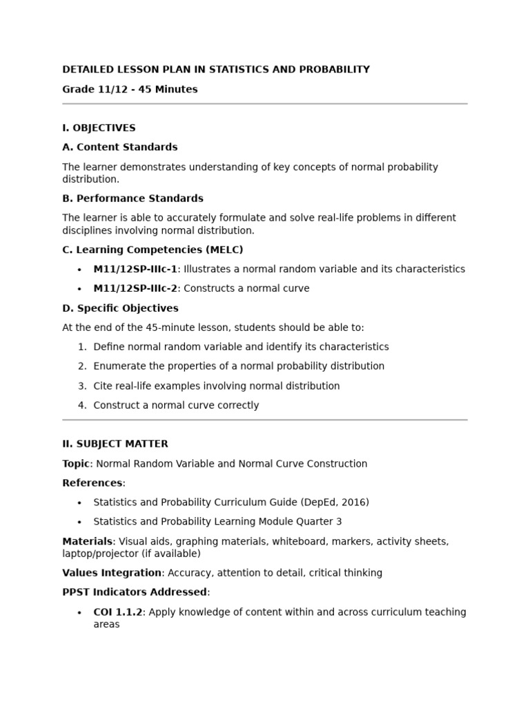 Detailed Lesson Plan in Statistics and Probability | PDF | Normal ...