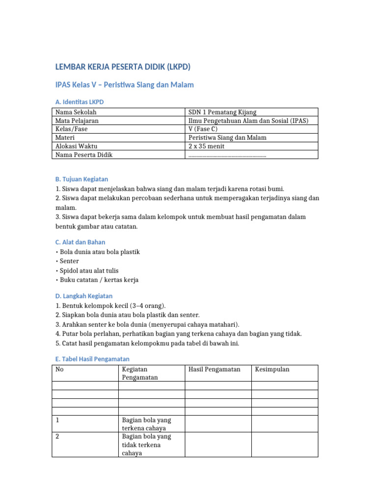 LKPD Ipas Kelas V PPG Format Tabel | PDF