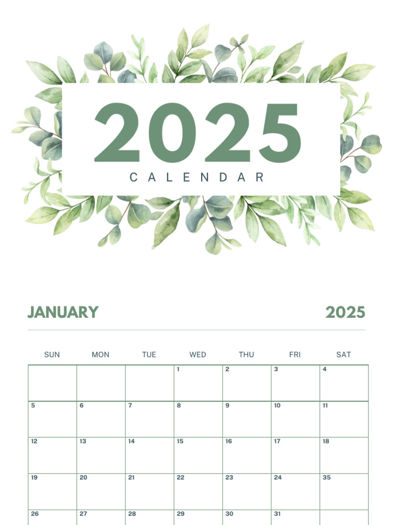 Green Floral Minimalist 2025 Personal Wall Calendar | PDF