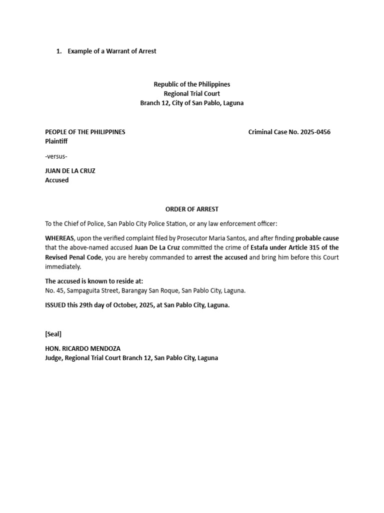 Example of A Warrant of Arrest and Search Warrant | PDF
