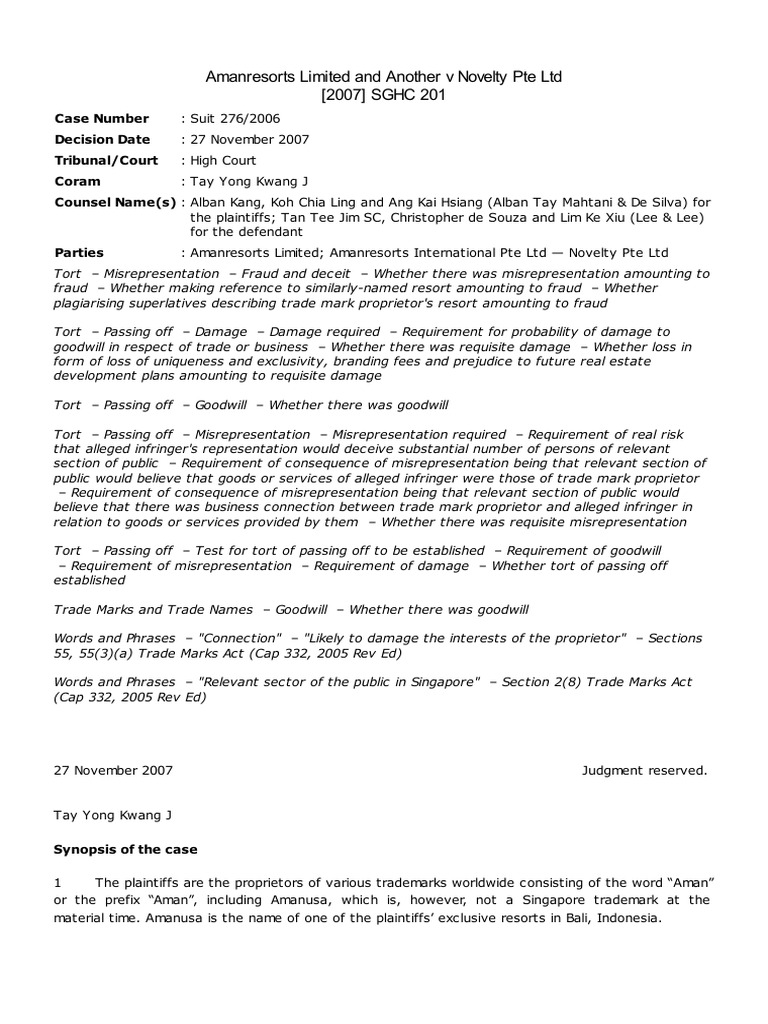 [2007] SGHC 201 | PDF | Misrepresentation