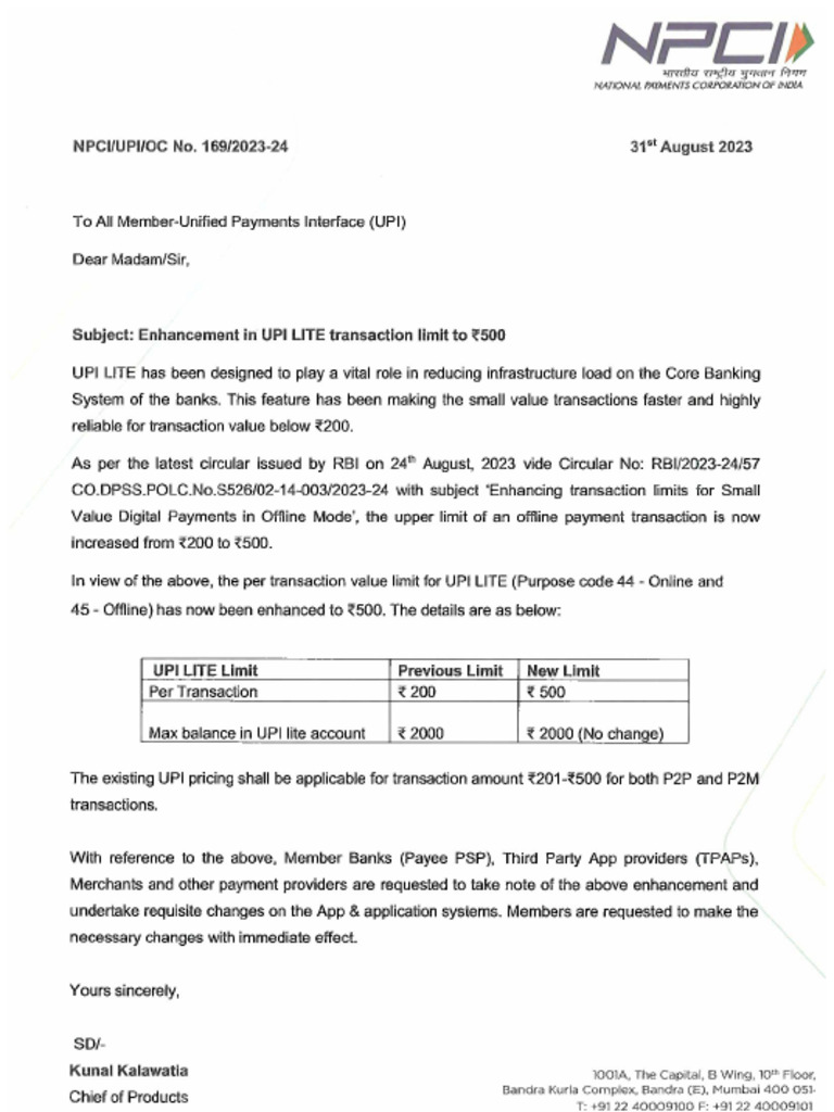 UPI OC 169 Enhancement in UPI LITE Transaction Limit To Rs 500 | PDF