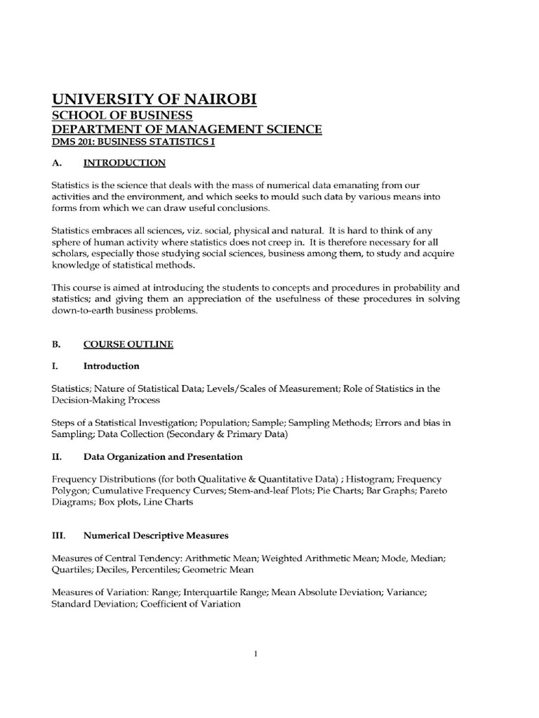 DMQ 3201 Business Statistics I - Outline | PDF