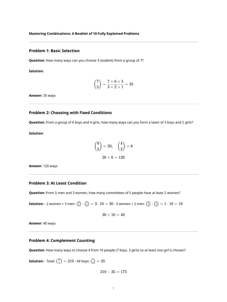 Combination Problems Booklet | PDF | Discrete Mathematics | Mathematics