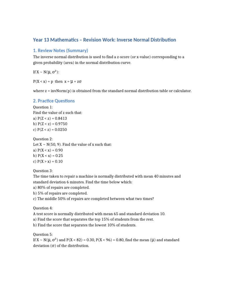 Inverse Normal Distribution Revision Guide | PDF