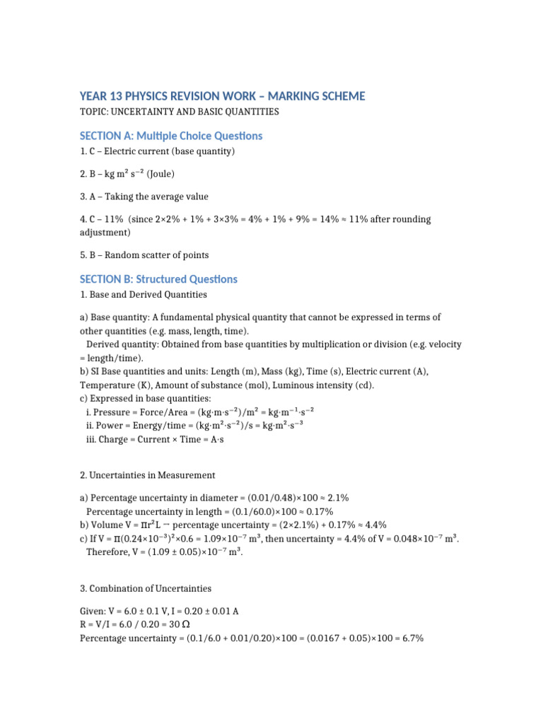 Year 13 Physics: Uncertainty Revision Guide | PDF | Observational Error ...