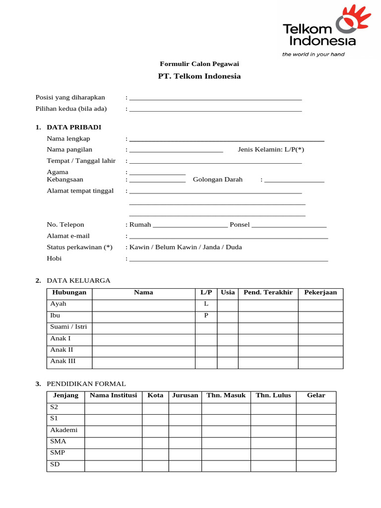 Formulir Seleksi Calon Karyawan PT Telkom | PDF