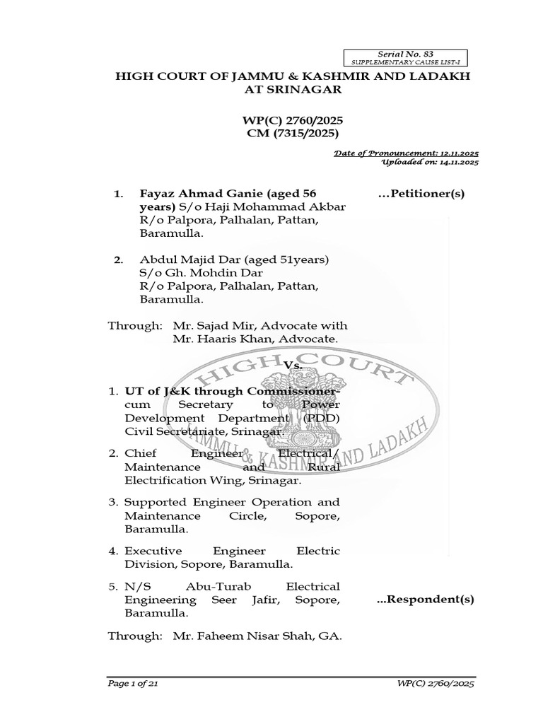 High Court of Jammu & Kashmir and Ladakh at Srinagar WP (C) 2760/2025 ...
