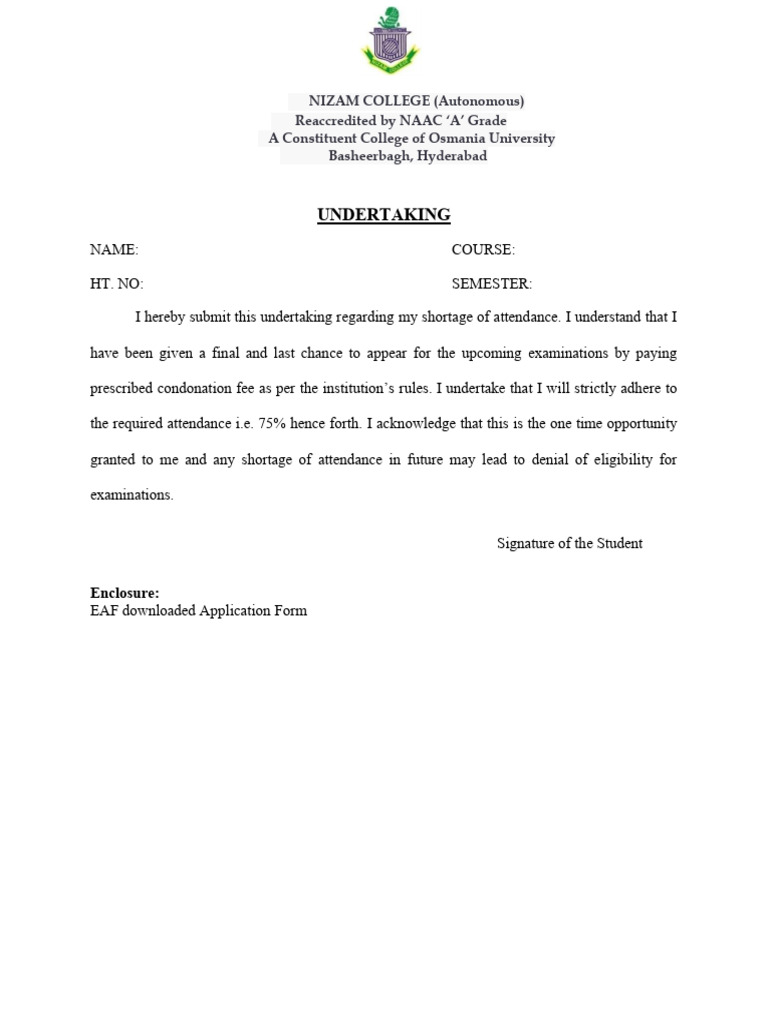 Nizam College Attendance Undertaking Form | PDF