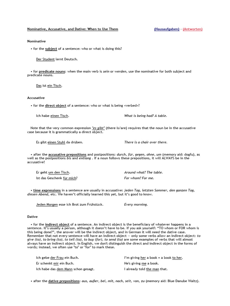 German Cases: Nominative, Accusative, Dative | PDF | Grammatical Gender ...