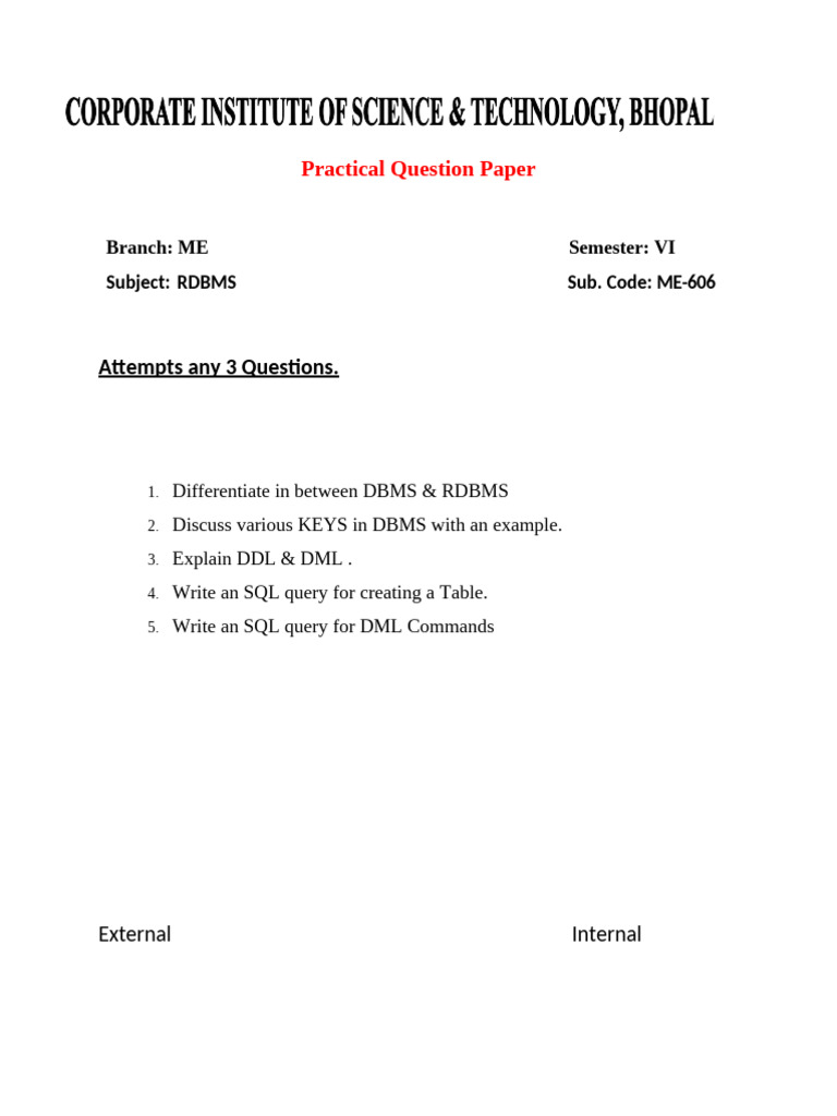 Rdbms Practical Paper - Me 606 | PDF